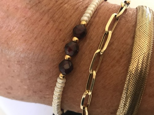 14k pearl gold red stone bracelet 7" natural pearl IPS round gold beads ...