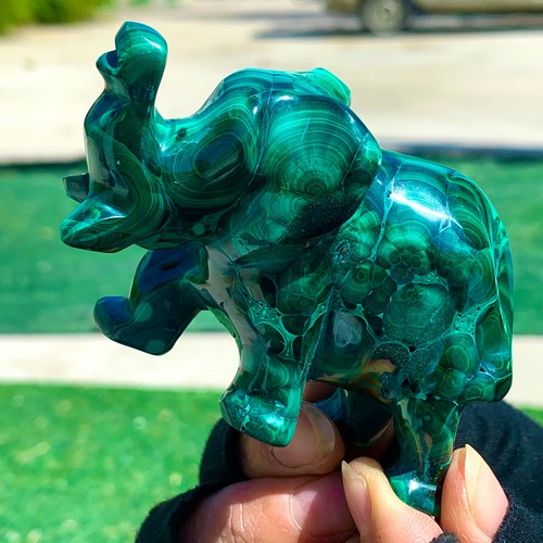 232G Natural glossy Malachite Crystal Handcarved elephant mineral ...