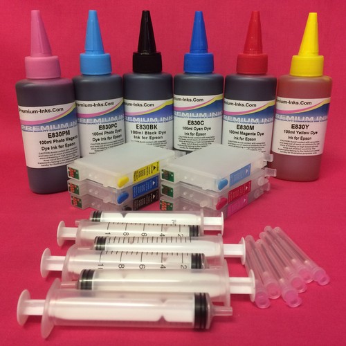6 REFILLABLE RE-USABLE EMPTY INK CARTRIDGES + INK FOR EPSON R200 R220 ...