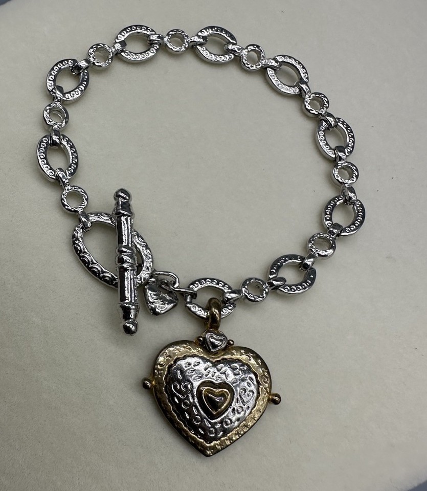 Brighton Bracelet Two Tone Heart Charm Dangle Toggle Mixed Metal Silver ...