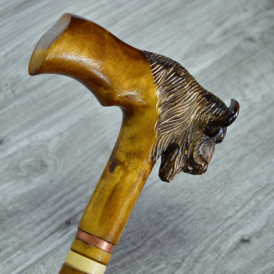 Cane Walking Stick Wooden carved Handmade - Buffalo, Bison | eBay