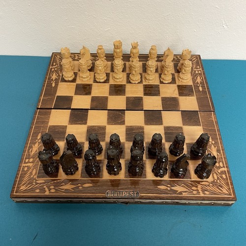 Vintage Chess Set And Folding Board Hand Carved Budapest Complete 38cm ...