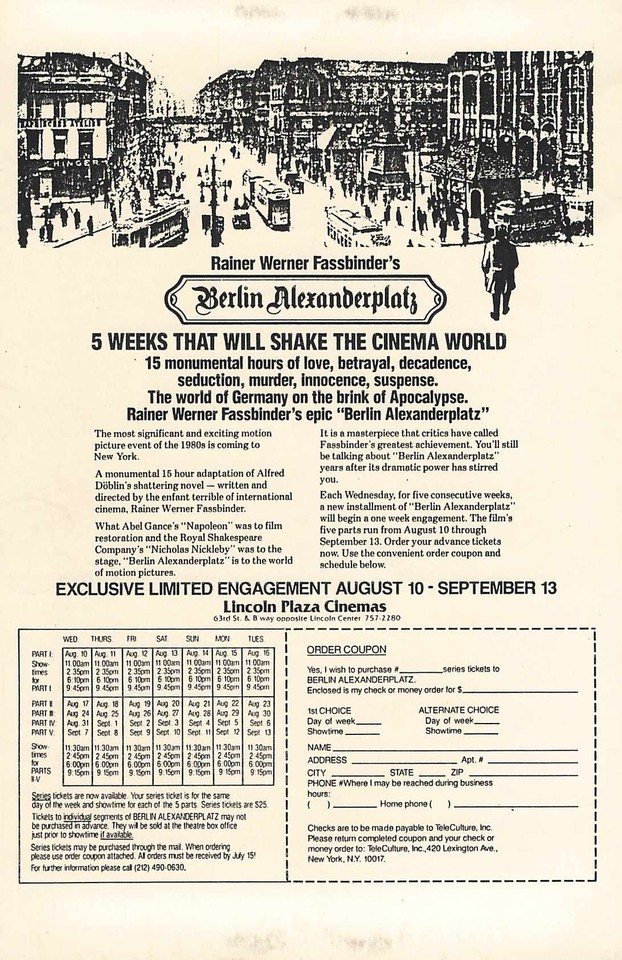Rainer Werner Fassbinder Berlin Alexanderplatz Launch Party Flyer ...