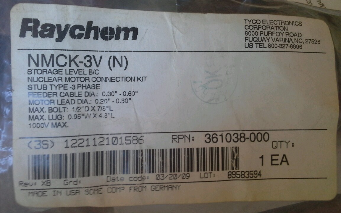 RAYCHEM NUCLEAR MOTOR CONNECTION KIT sealed factory bag NMCK-3V (N) 3 ...