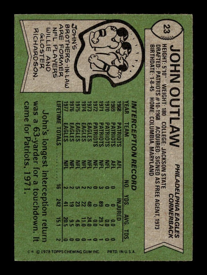 1978 Topps #23 John Outlaw Philadelphia Eagles VG-EX Football Card ...