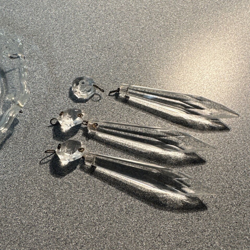 Vintage Glass 8 Pin Bobeche With Three Hanging Crystals For Parts | eBay