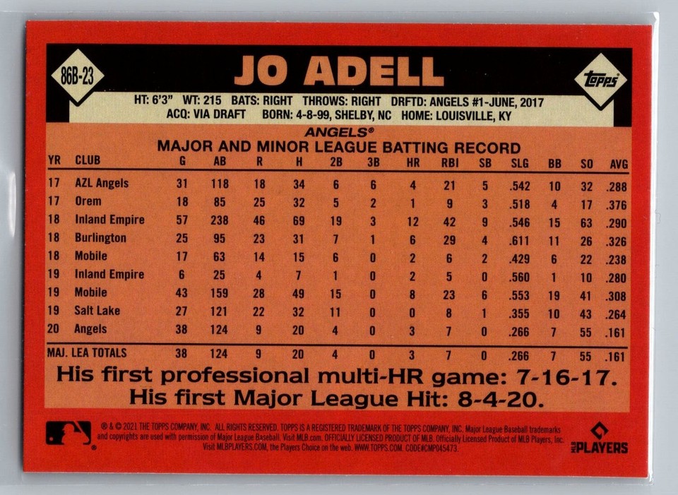 2021 Topps Series 2 JO ADELL RC Rookie Insert Card #86B-23 Angels | eBay