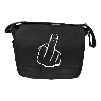 Black Cotton Canvas Military Messenger Bag White Middle Finger | eBay