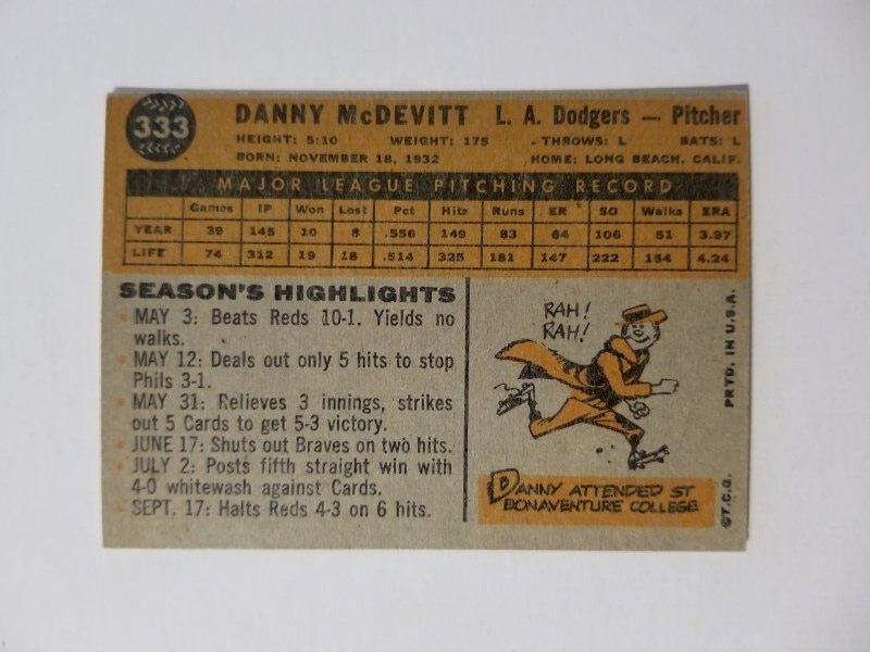 DANNY McDEVITT 1960 TOPPS BASEBALL CARD #333 LOS ANGELES DODGERS | eBay