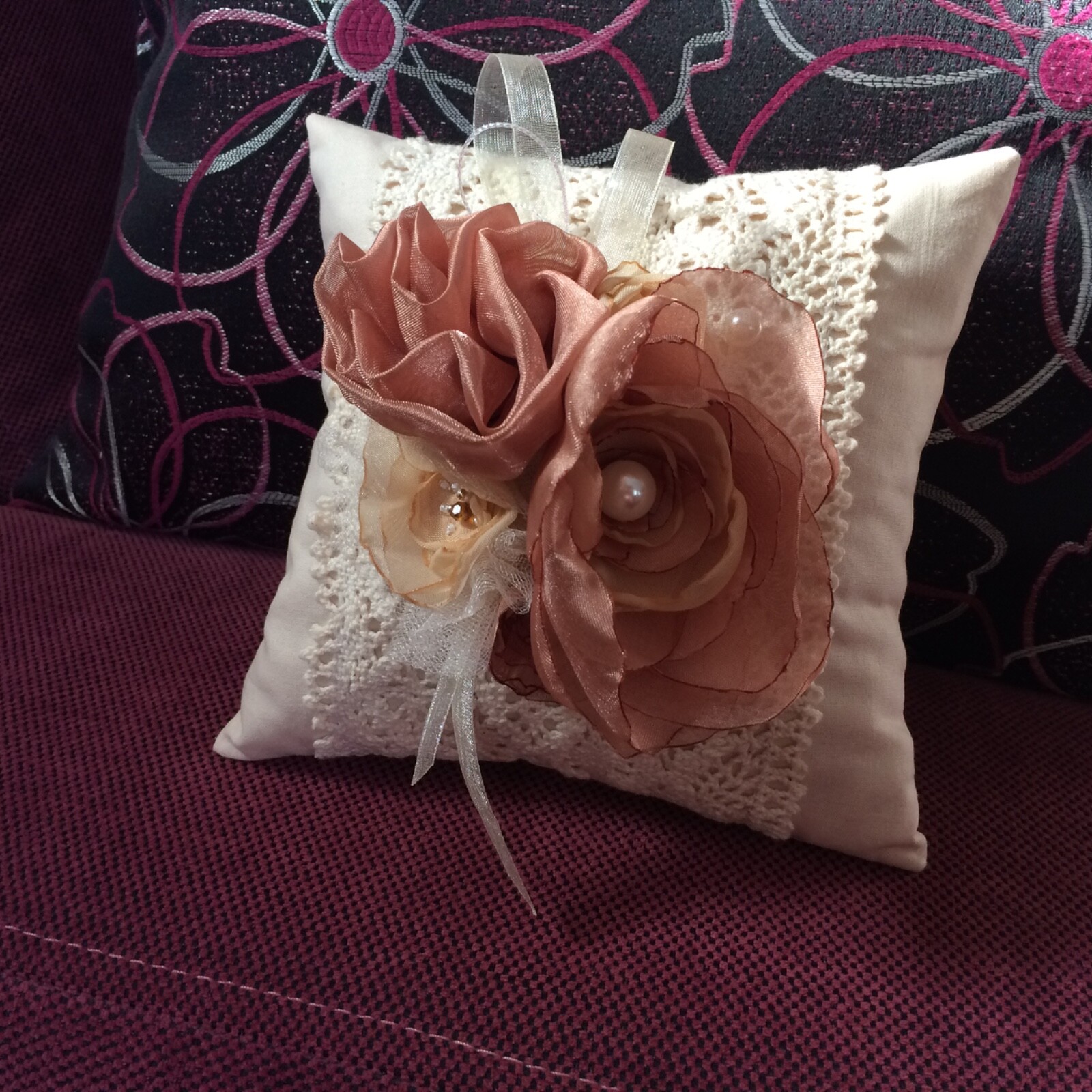 Decorative mini pillow handmade lace flowers organza 7x7 in | eBay