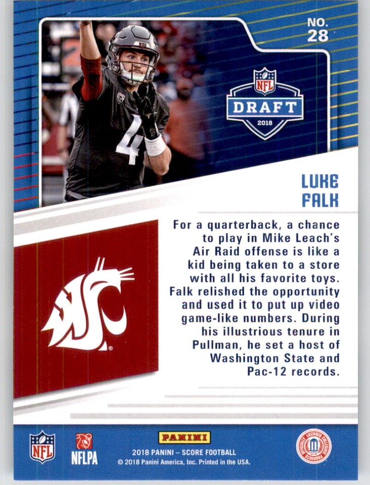 2018 Score NFL Draft Luke Falk Rookie RC Insert PWE Titans #28 | eBay