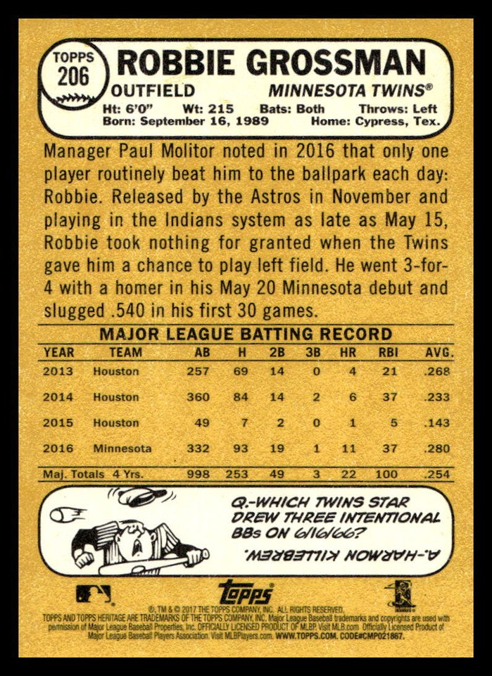 2017 Topps Heritage #206 Robbie Grossman Minnesota Twins | eBay