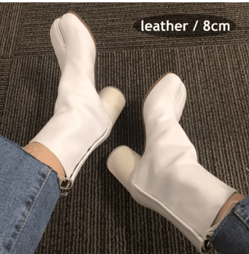Size 7 Tabi Boots Split Toe Chunky High Heel Women Boots -White | eBay