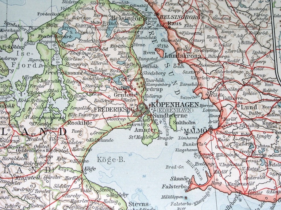 1912 ORIGINAL ANTIQUE MAP OF DENMARK ICELAND SCHLESWIG-HOLSTEIN GERMANY ...
