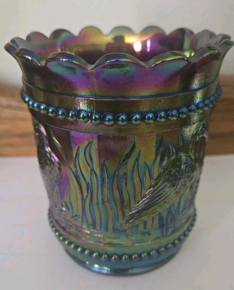 Vintage L.G. Wright Carnival Glass Beaded Stork & Rushes Spooner Jar ...
