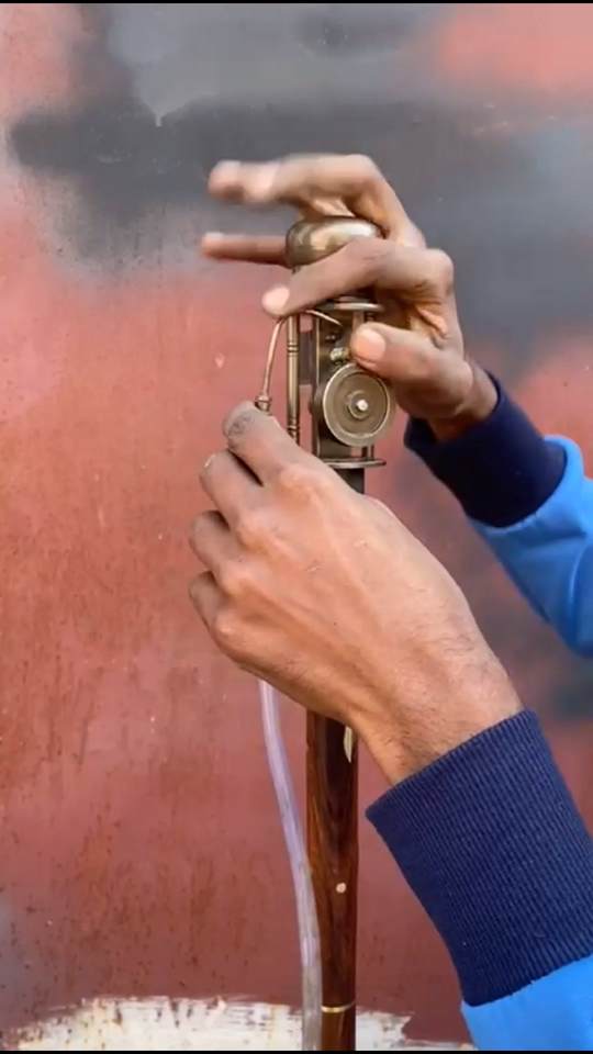 Working brass steam engine handle walking stick vintage wooden folding ...