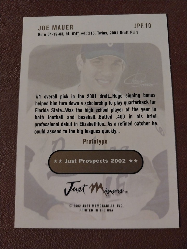 2002 JOE MAUER JUST MINORS BASEBALL ROOKIE CARD RC #JPP.10 MINNESOTA ...