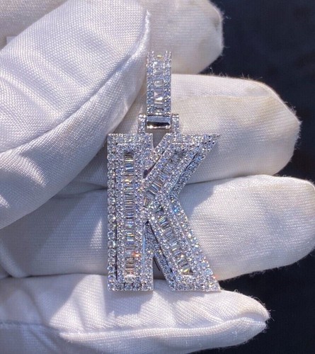 2 Ct Baguette & Round Moissanite Custom Initial Letter K Men's Pendant ...