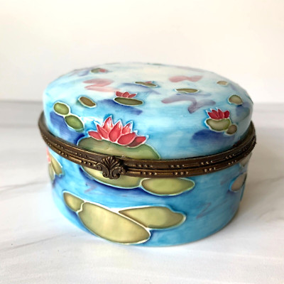 Benaya Enameled Porcelain Trinket Box Water Lilies Circular 4” Diameter ...