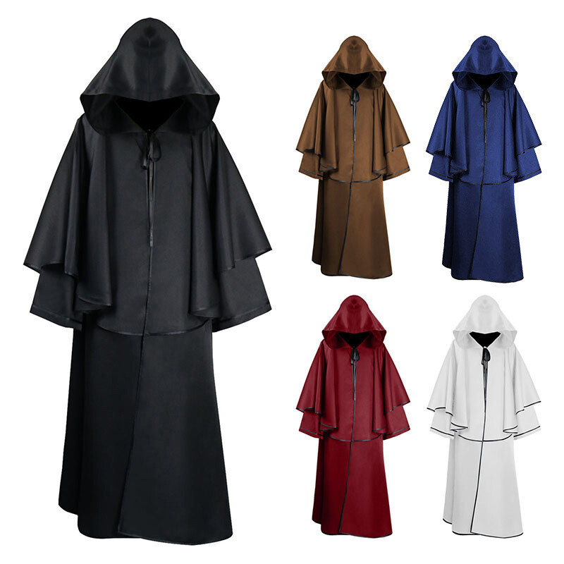 Men Hooded Cape Cloak Poncho Jacket Coat Medieval Apparel Party Cosplay ...