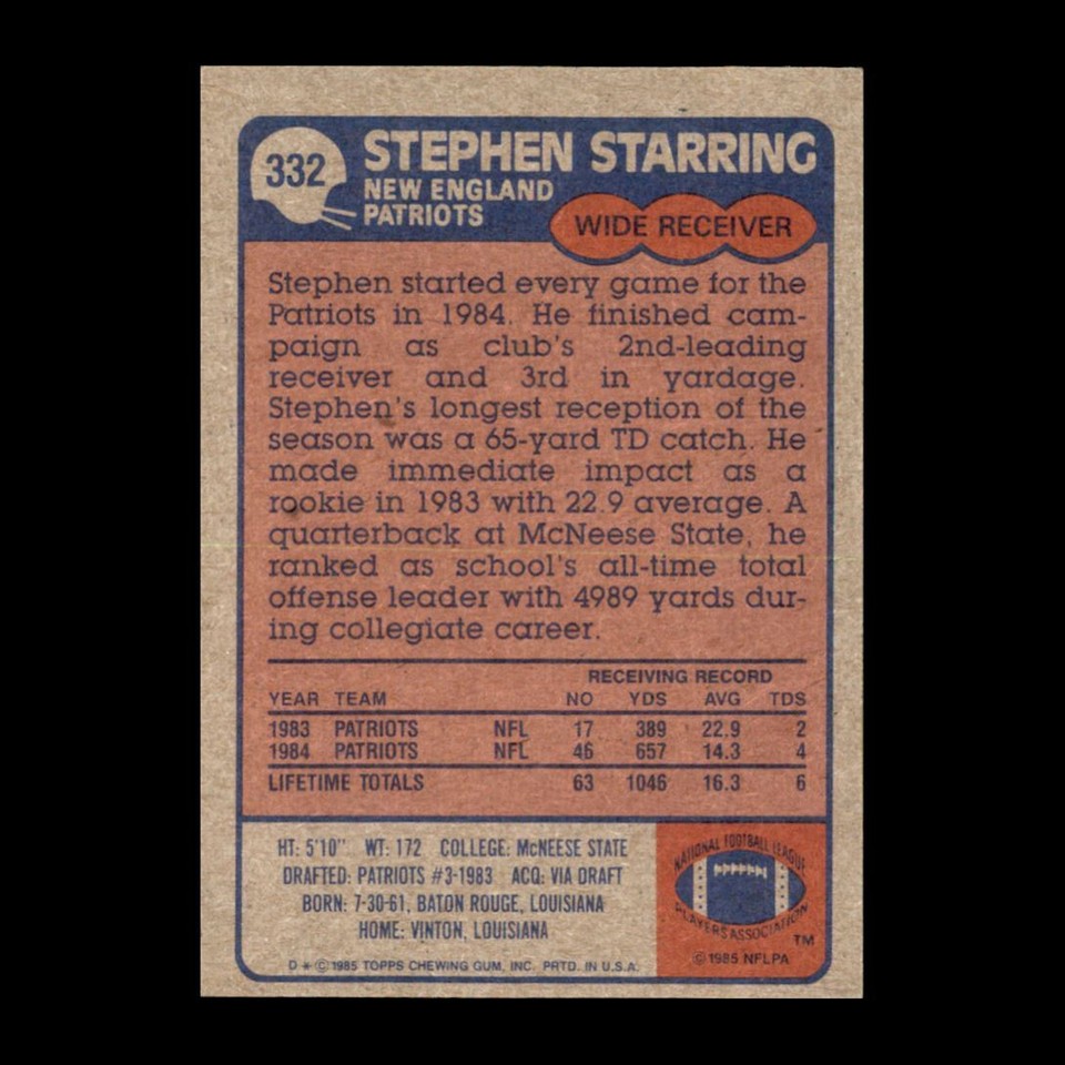 Stephen Starring 1985 Topps Rookie New England Patriots #332 Set Break ...