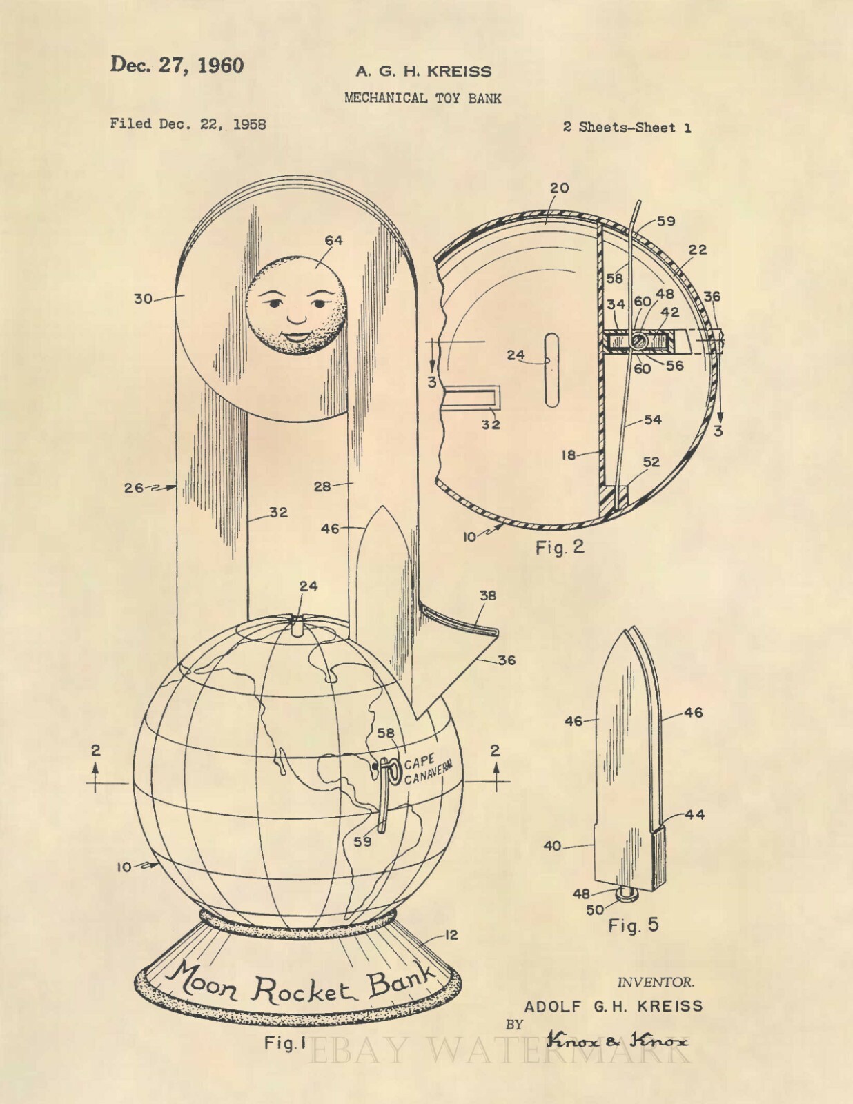 Vintage Moon Rocket Mechanical Coin Bank Patent Art Print - Vintage ...