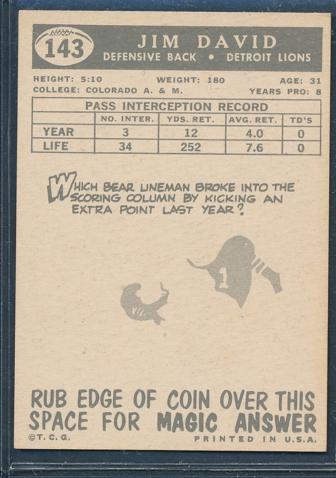 1959 Topps Football #143: JIM DAVID Detroit Lions ~ NM | eBay