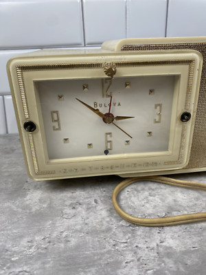 Vintage 1957 Bulova Clock Radio Model 100 Cream Gold Tube AM Radio Mid ...