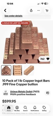 10 Pack of 1 lb Copper Ingot Bars .999 Fine Copper bullion NO RESERVE ...