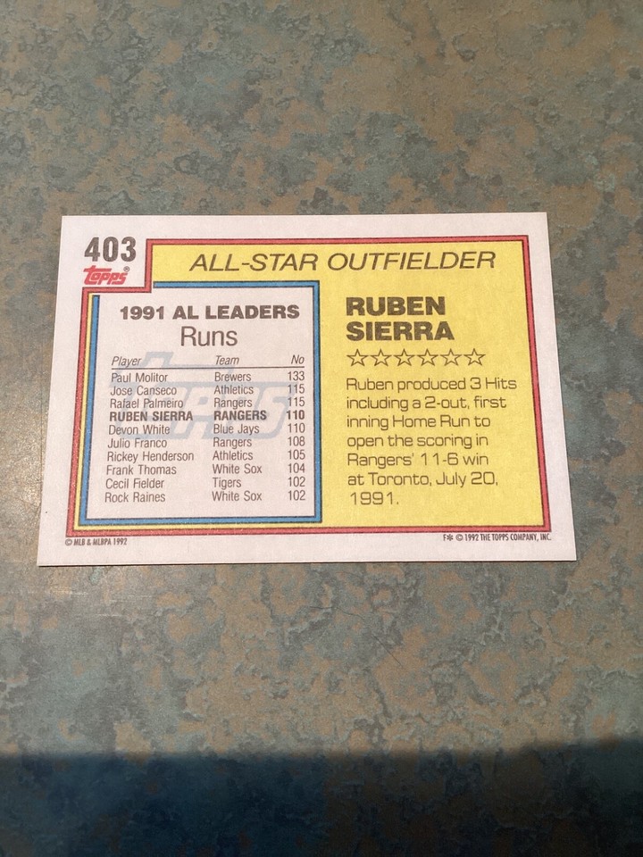 1992 Topps All Star Ruben Sierra #403 - Texas Rangers NM | eBay