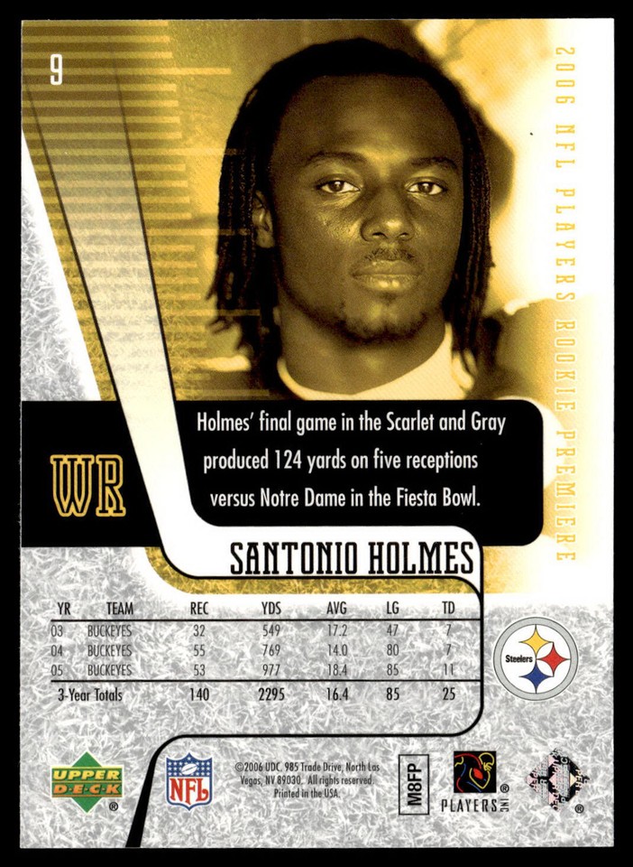 2006 Upper Deck Rookie Premiere Box Set Santonio Holmes #9 Pittsburgh ...