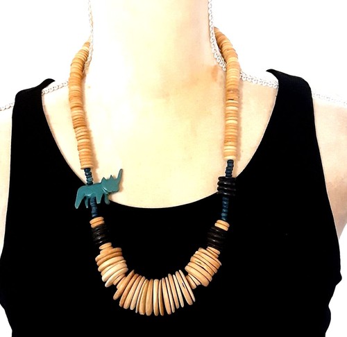 Tribal handcrafted wood beaded 22" necklace natural tones | eBay
