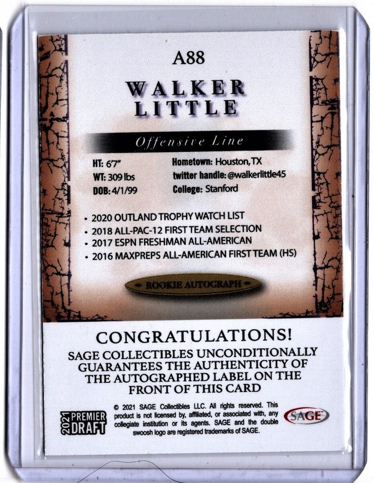 WALKER LITTLE RC 2021 SAGE PREMIER DRAFT ROOKIE AUTOGRAPH BLACK #A88 ...