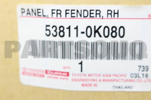 538110K080 Genuine Toyota FENDER SUB-ASSY, FRONT RH 53811-0K080 | eBay