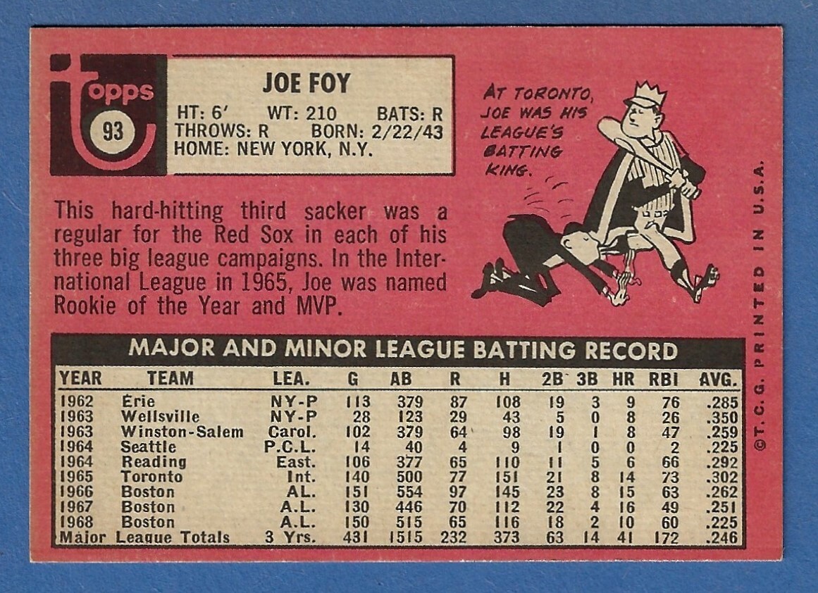 1969 TOPPS BASEBALL CARD #93 JOE FOY KANSAS CITY ROYALS NM-MINT HIGH ...
