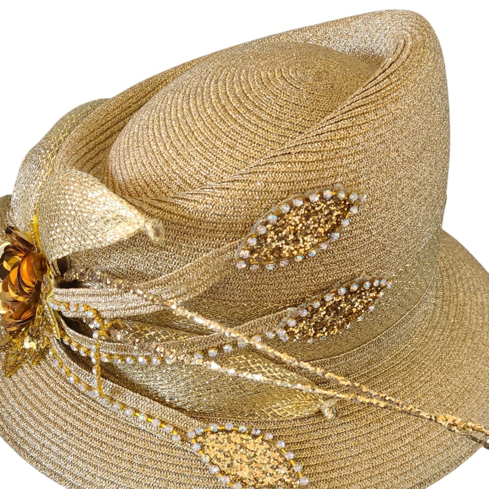Nana New York Straw Hat Gold Assymetrical Embellished 23" Church ...