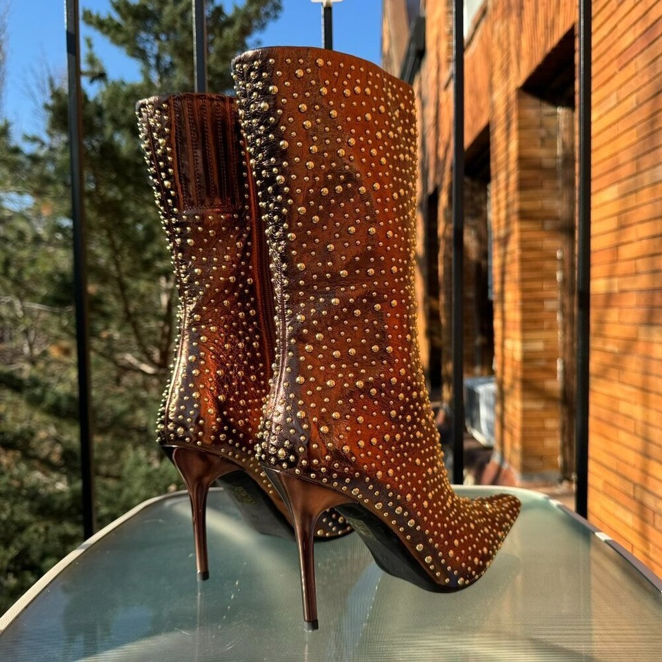 New Jeffrey Campbell Iconic Boots Shoes Gold Bronze Studded Thin Heel ...