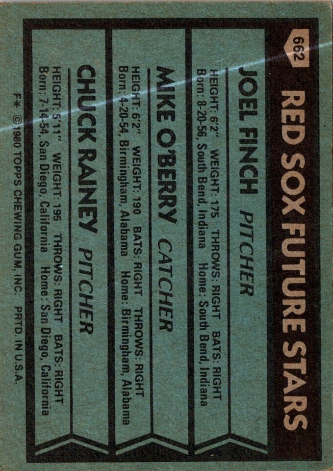 1980 Topps Red Sox Future Stars - Joel Finch/Mike O'Berry/Chuck Rainey ...
