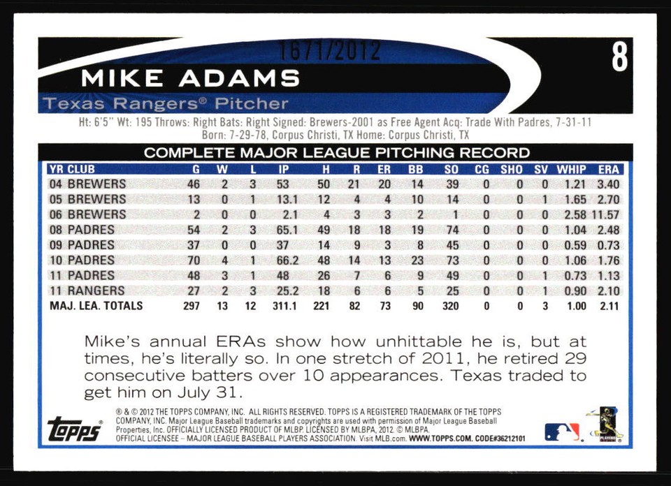 2012 Topps Mike Adams #8 Texas Rangers | eBay
