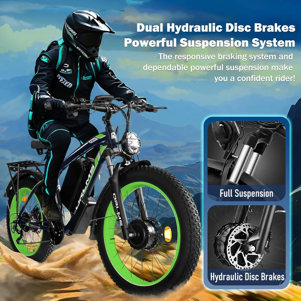 Dual Motor 3000W E-Bike 60V 25Ah 38 MPH 26" Fat Tire Electric Bicycle ...
