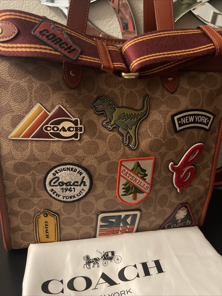 COACH Multipatch Signature monogram FIELD TOTE laptop Bag Dinosaur ...