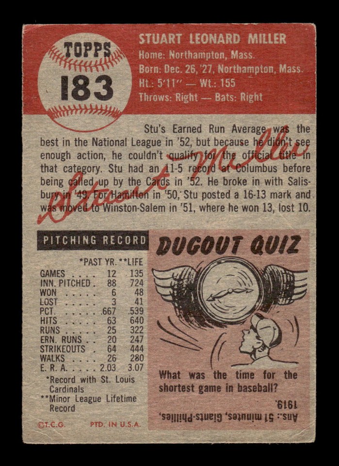1953 Topps Baseball #183 Stu Miller RC CREASED St. Louis Cardinals | eBay