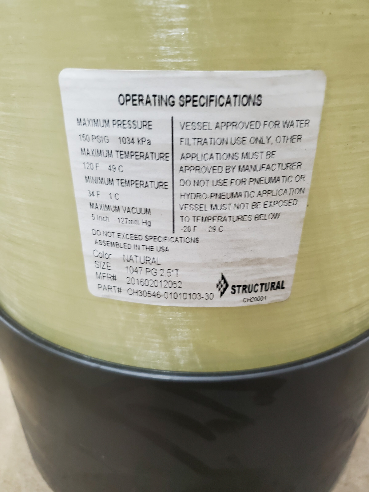 Pentair Structural Poly Glass Vessel Water Filtration Tank CH30546 ...