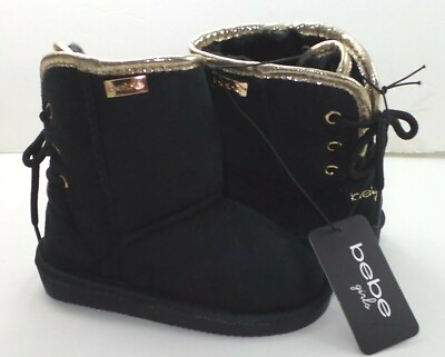 Bebe Baby Toddler Girls Lined Winter Boot 7 8 Black Micro Suede Faux ...