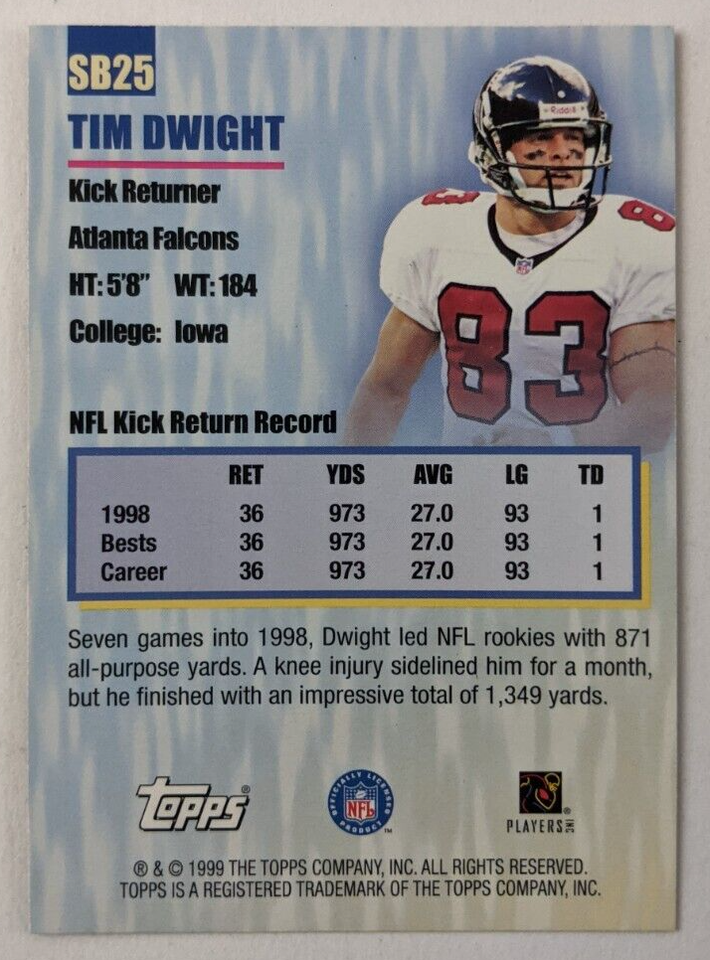 Tim Dwight 1999 Topps Season's Best SB25 Football Card Falcons Insert ...