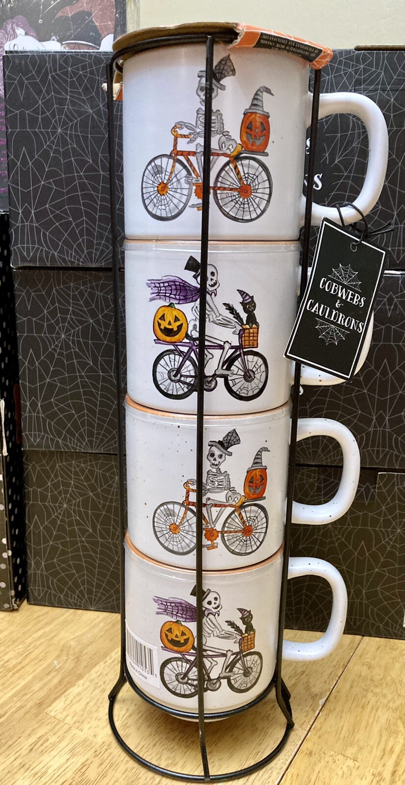 Cobwebs & Cauldrons Halloween Skeleton Bike Riders Set of 4 stackable ...