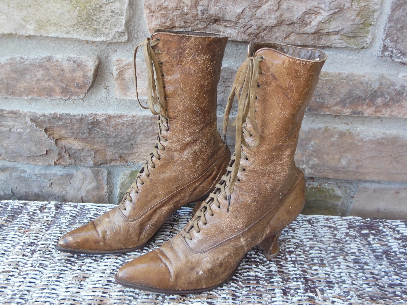 1900s Antique High Lace Leather Boots Heels Victorian… - Gem