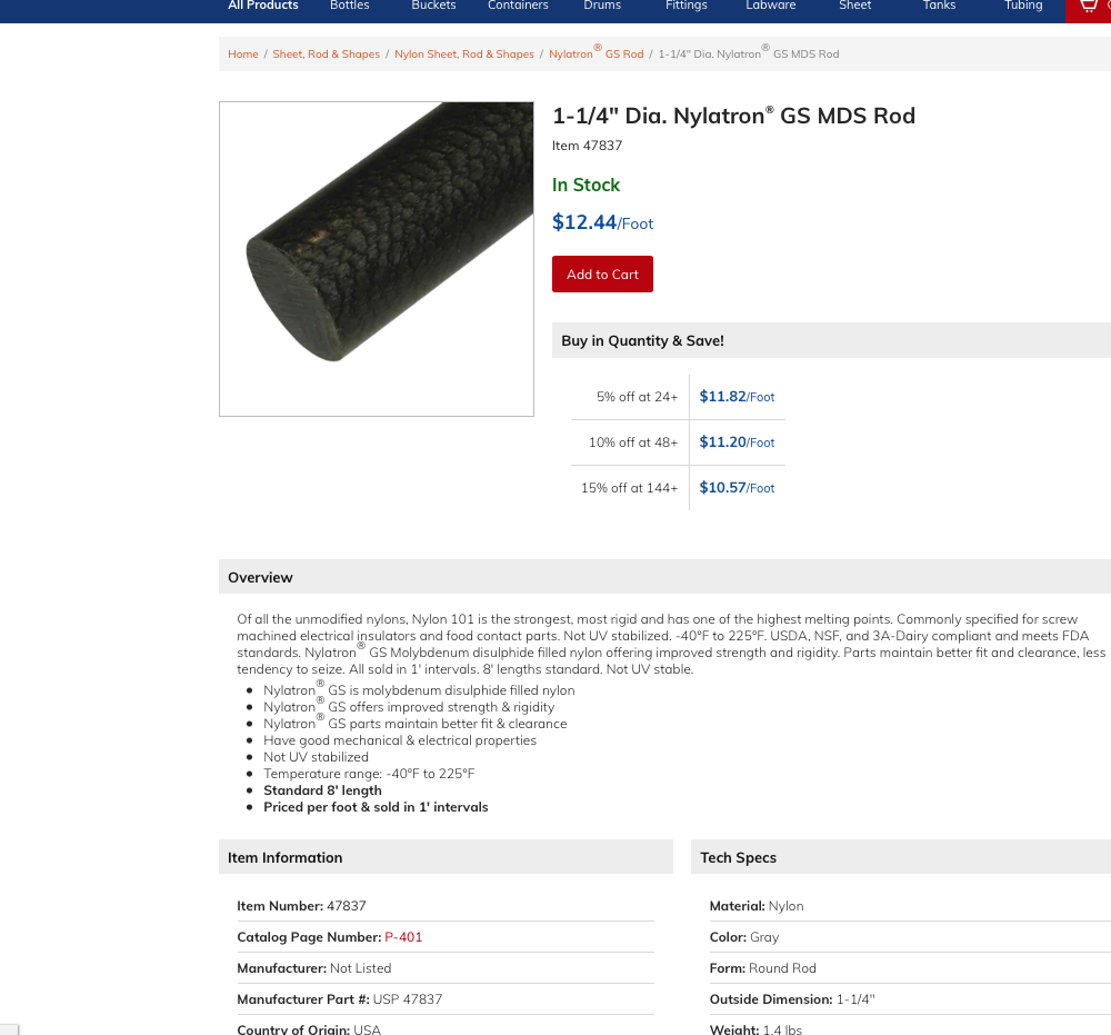 By the foot 1.25" dia. rod POLYPENCO Nylatron GS Annealed Molybdenum ...