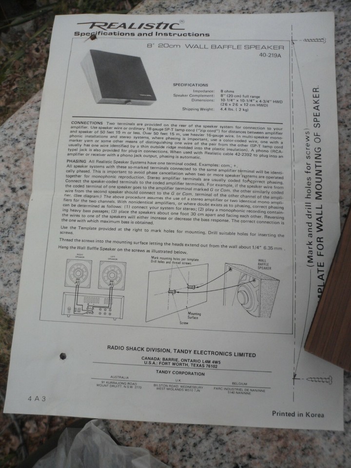 Realistic Wall Speaker Radio Shack Tandy System 40-219A 8" Full Range ...