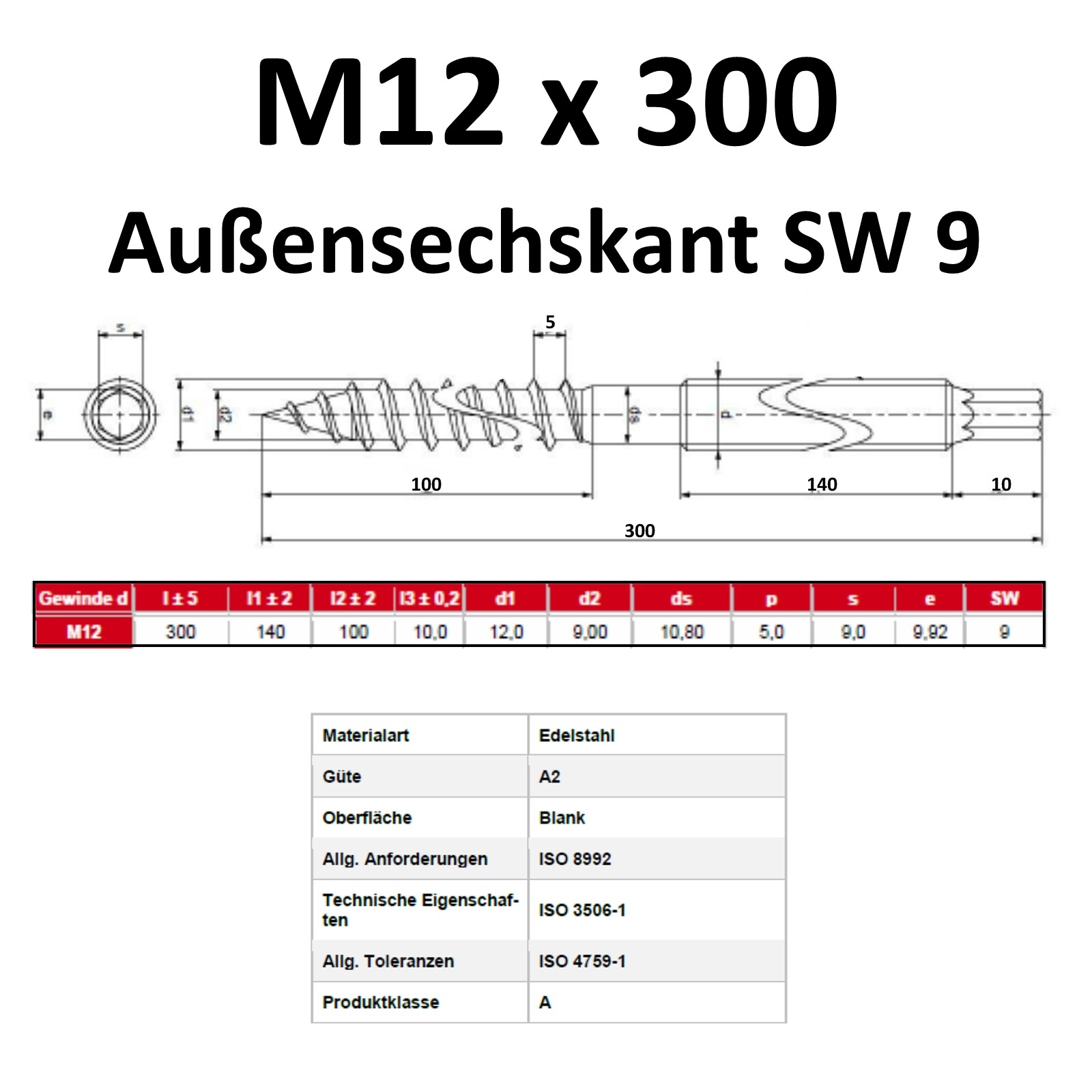 Stockschraube M12 x 300 mm + Adapterblech aus Edelstahl + EPDM Dichtung ...